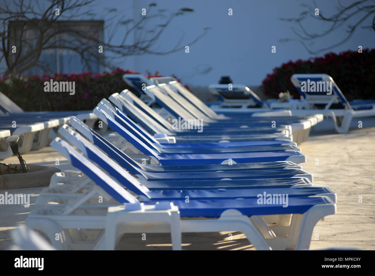 Swimming pool with sun beds at the hotel Stock Photo - Alamy