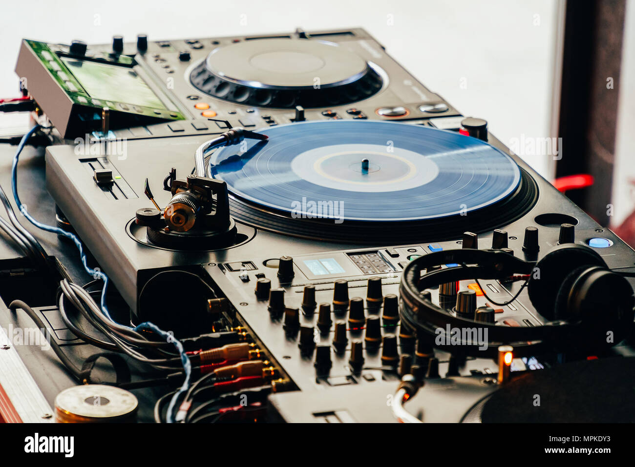 DJ Equipment Deck With Music Track Control And Mixer At Club Night ...