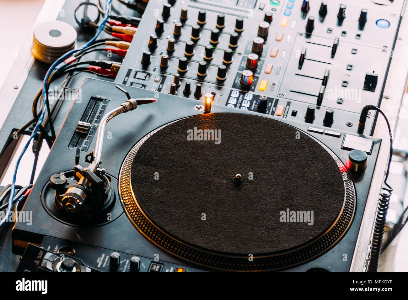 DJ Equipment Deck With Music Track Control And Mixer At Club Night ...