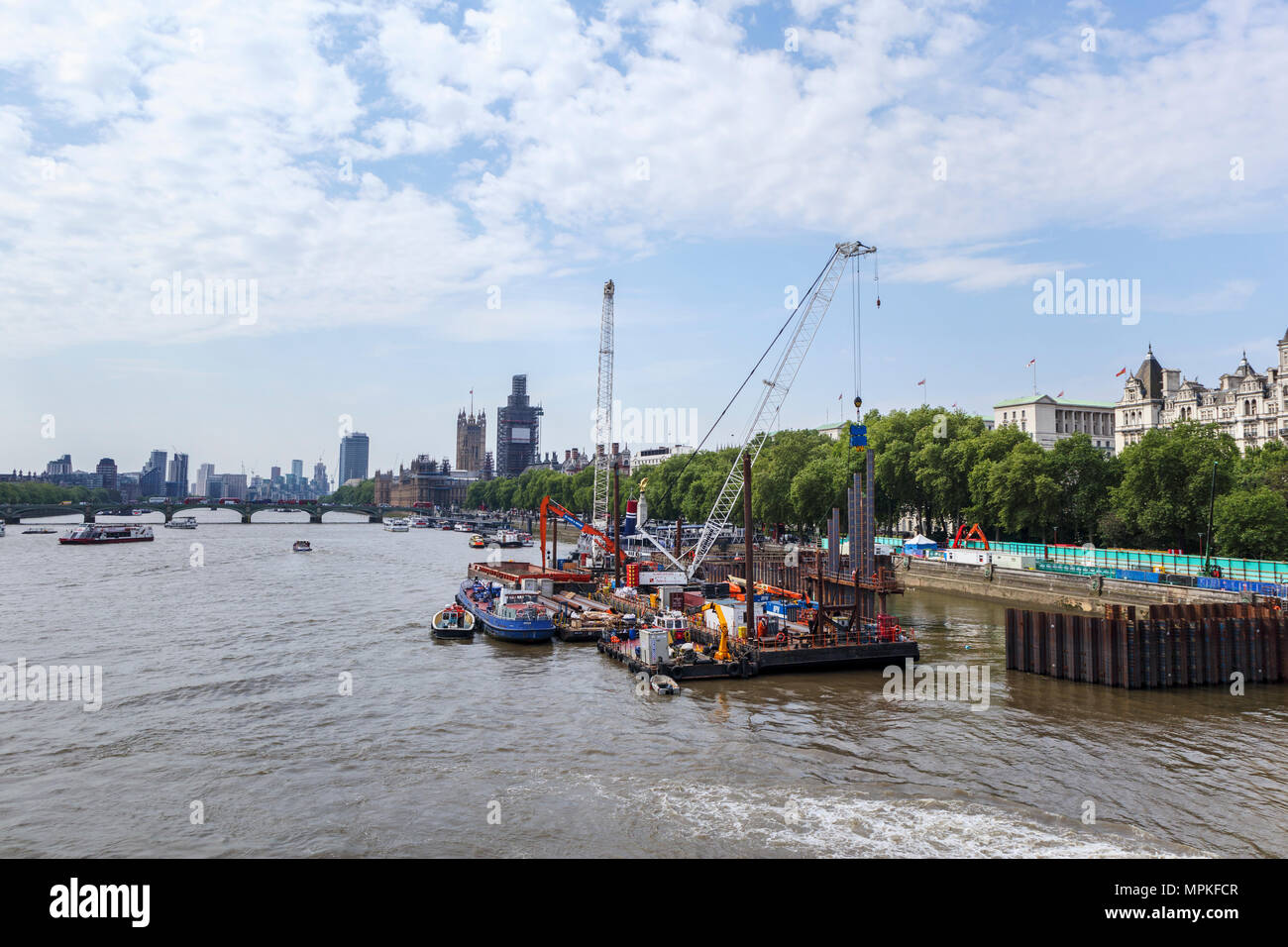 Thames Tideway Tunnel works on Victoria Embankment Foreshore, London ...