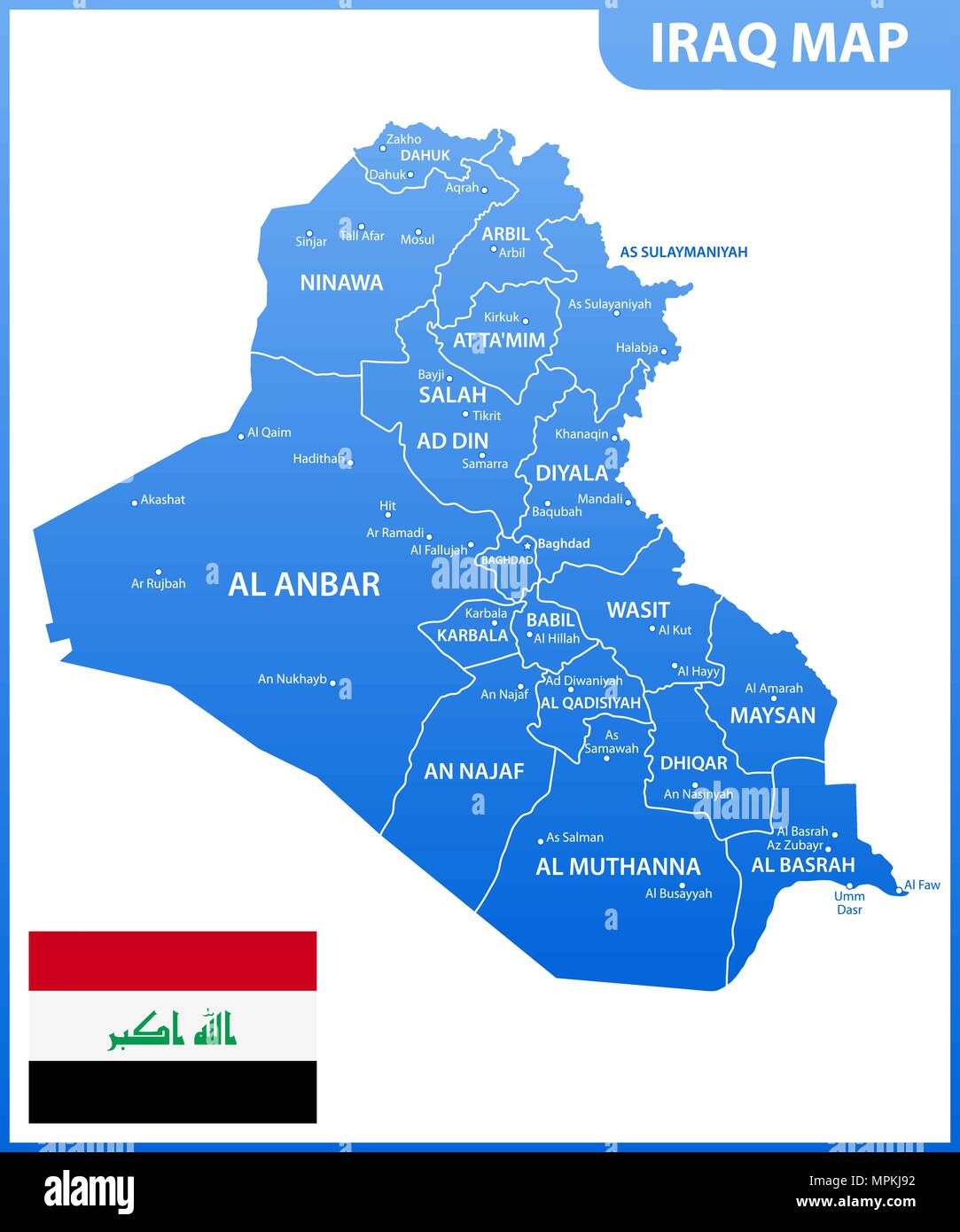 The detailed map of Iraq with regions or states and cities, capital ...