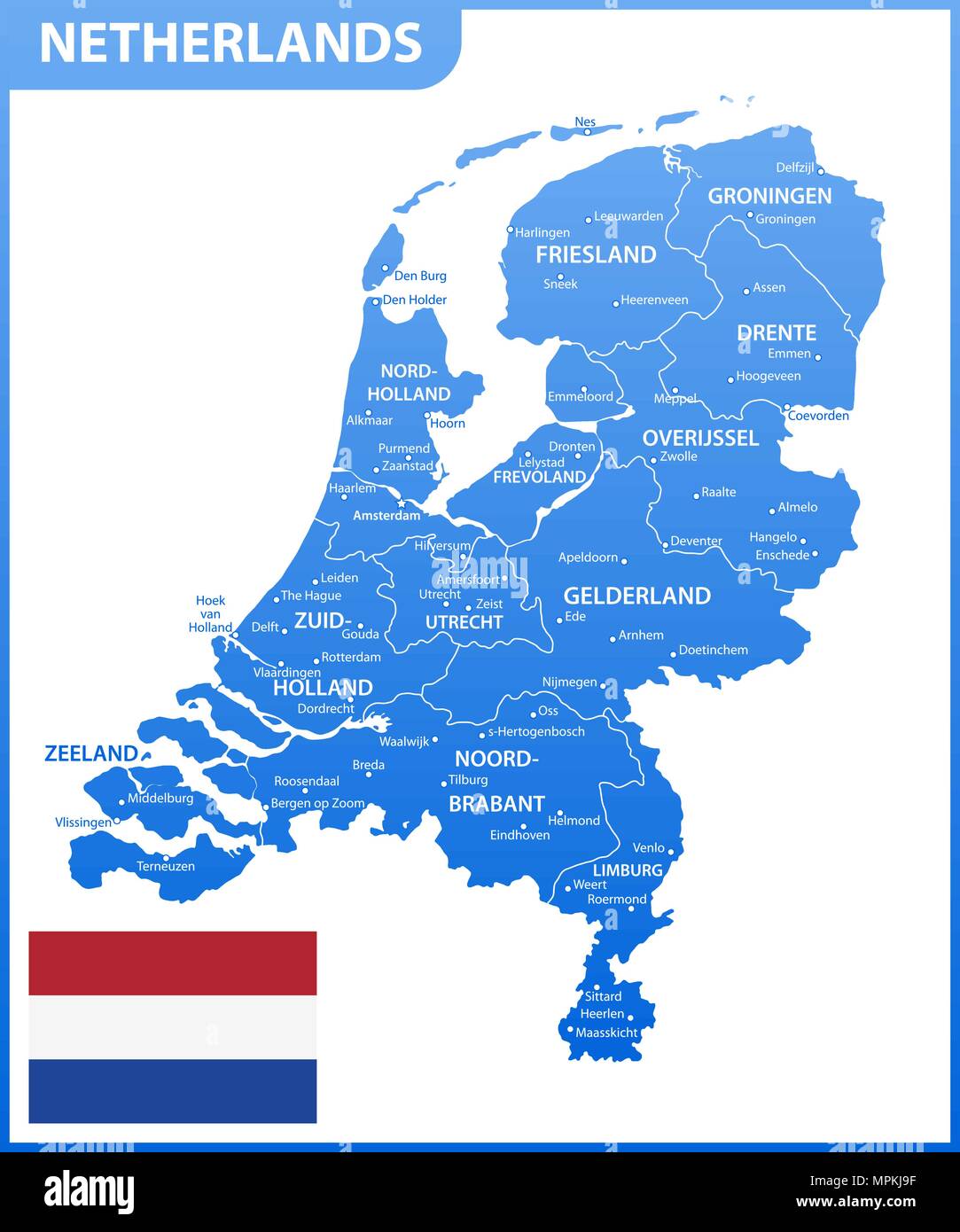 The detailed map of Netherlands with regions or states and cities ...
