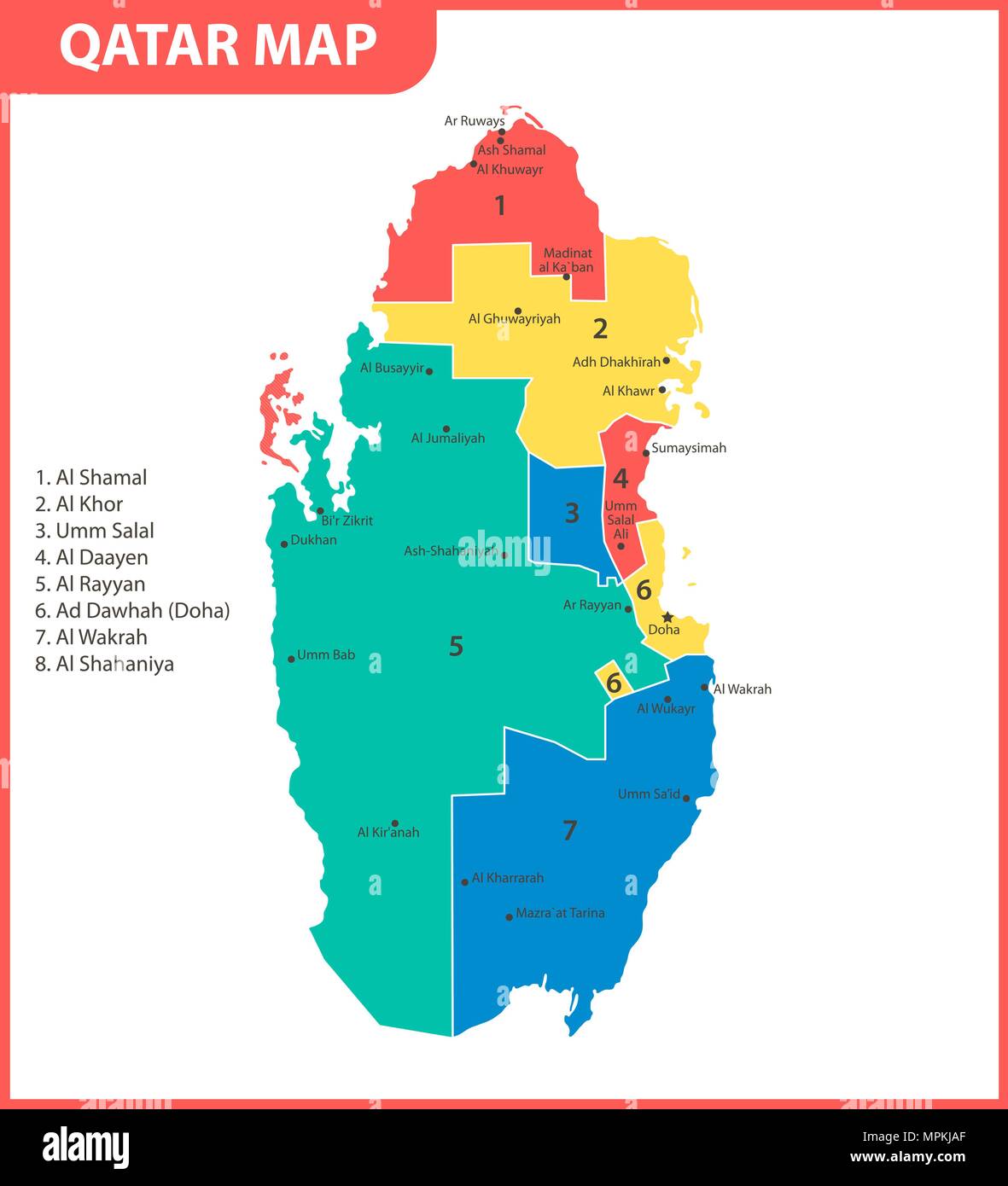 The detailed map of Qatar with regions or states and cities, capital ...
