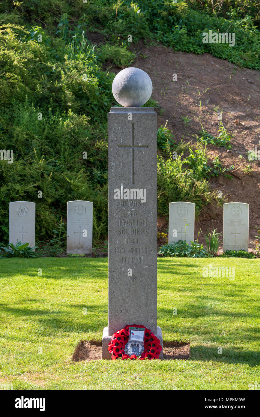 German memorial to the "Royal" Middlesex Regiment surrounded by a ...