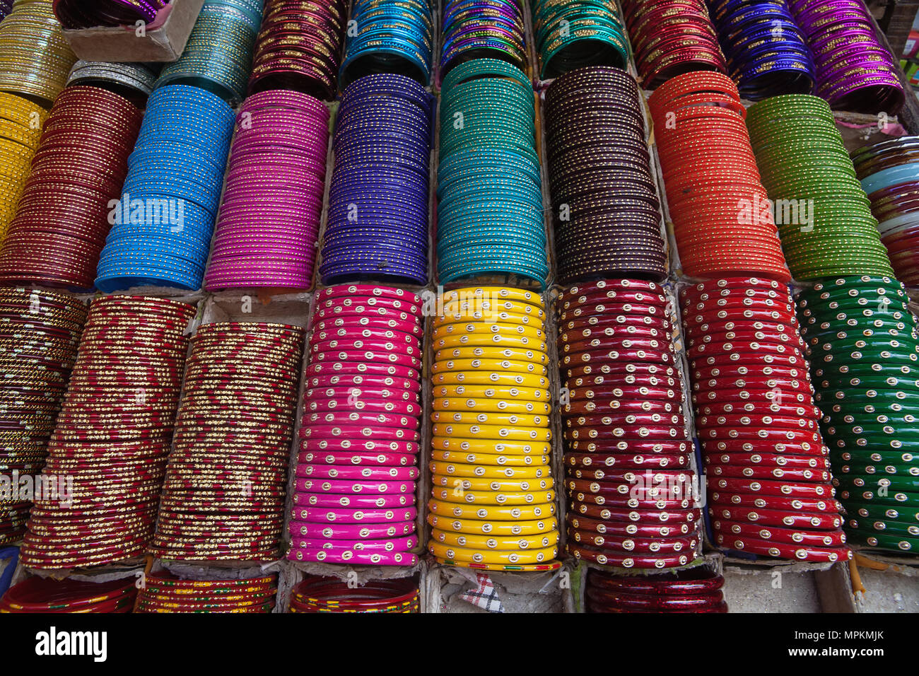 India, West Bengal, Kolkata, Bangles on display in a shop in the Bara ...