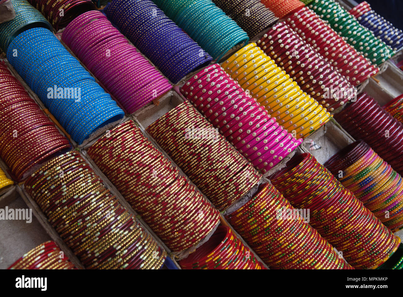 India, West Bengal, Kolkata, Bangles on display in a shop in the Bara ...