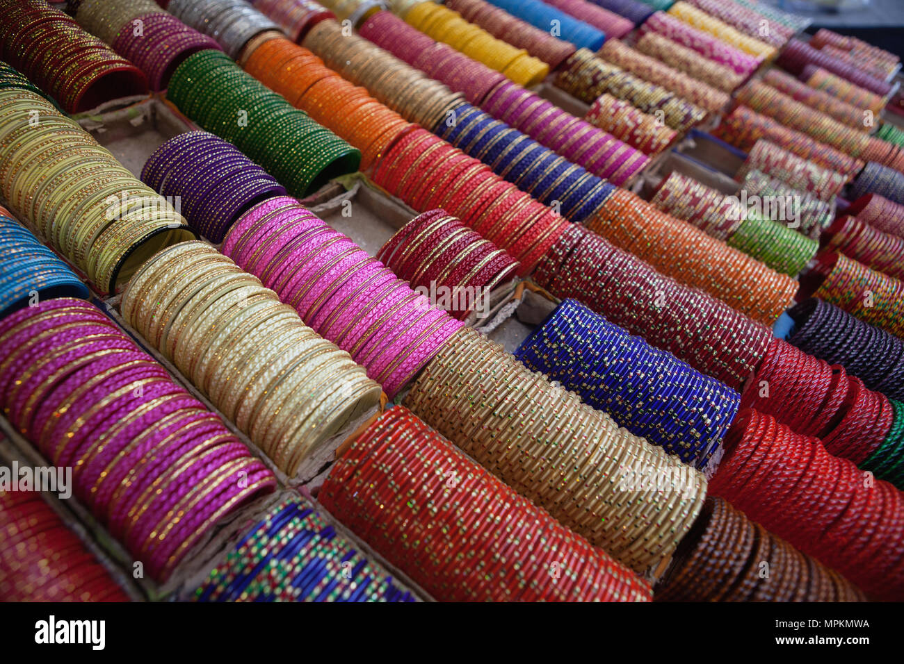 India, West Bengal, Kolkata, Bangles on display in a shop in the Bara ...