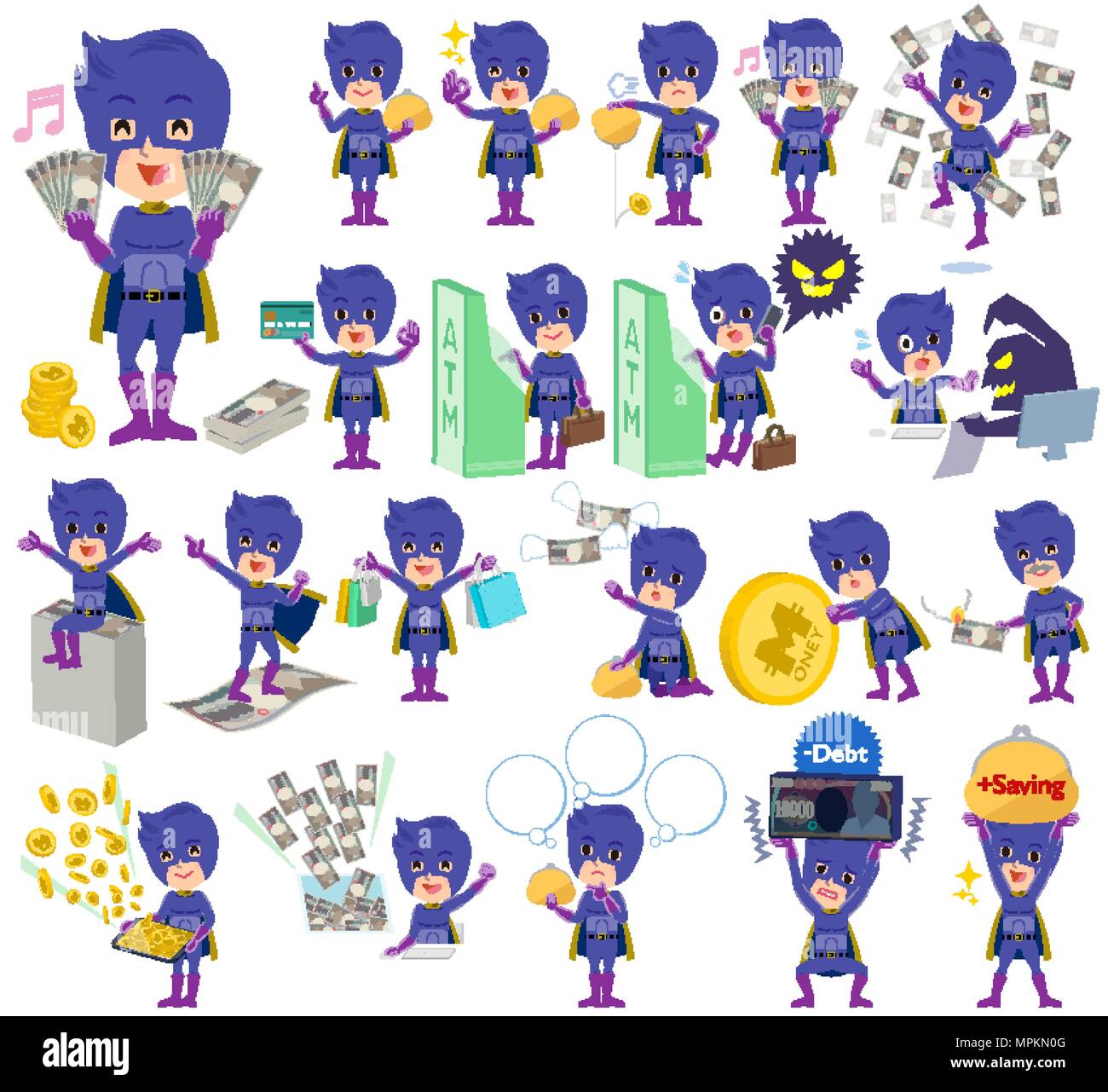Set of various poses of super hero man dark purple money Stock Vector ...