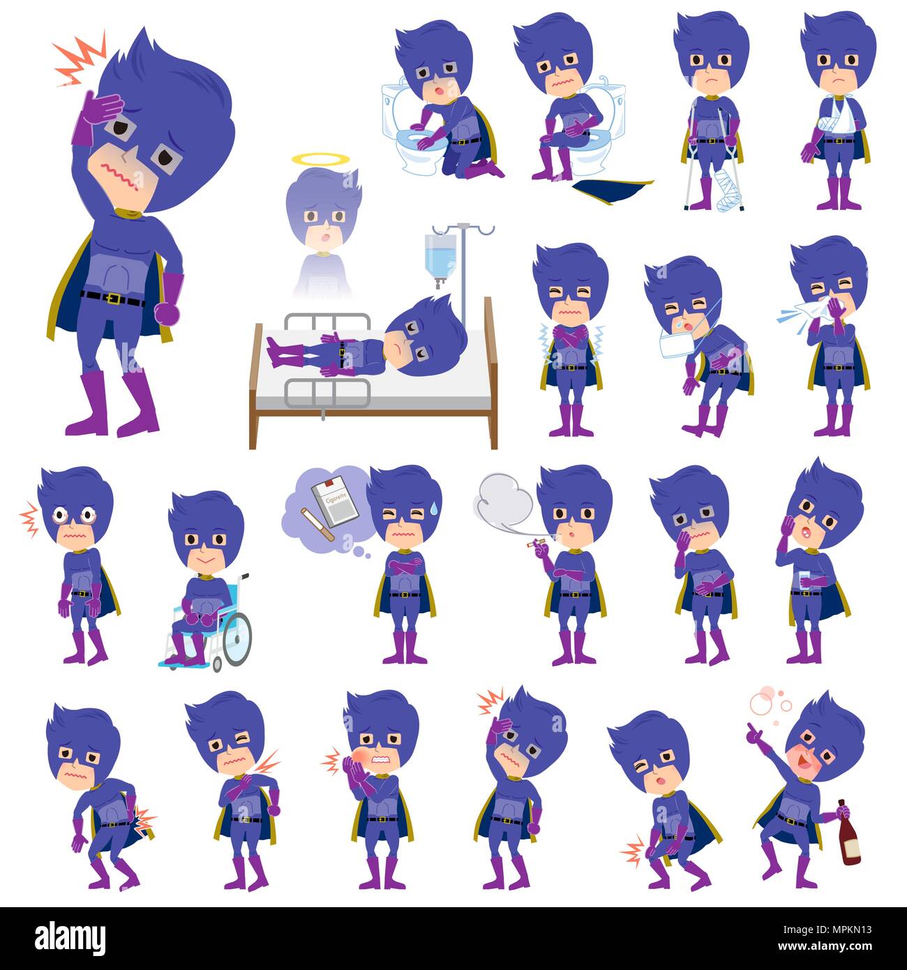 Set of various poses of super hero man dark purple sickness Stock ...