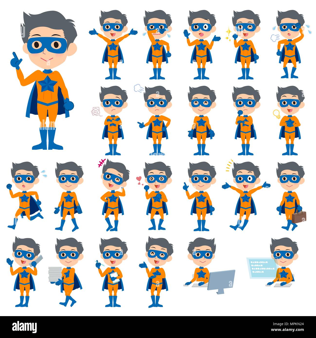 Set of various poses of super hero man orange Blue Stock Vector Image ...