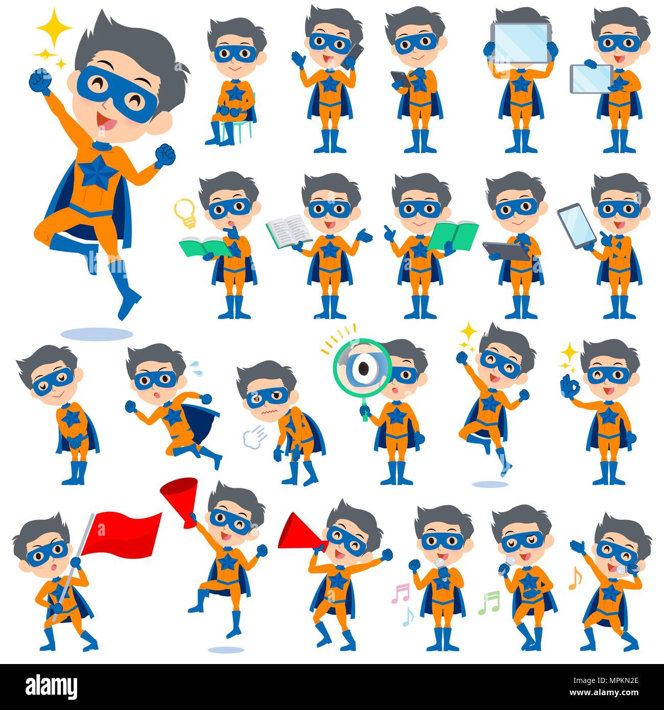 Set of various poses of super hero man orange Blue 2 Stock Vector Image ...