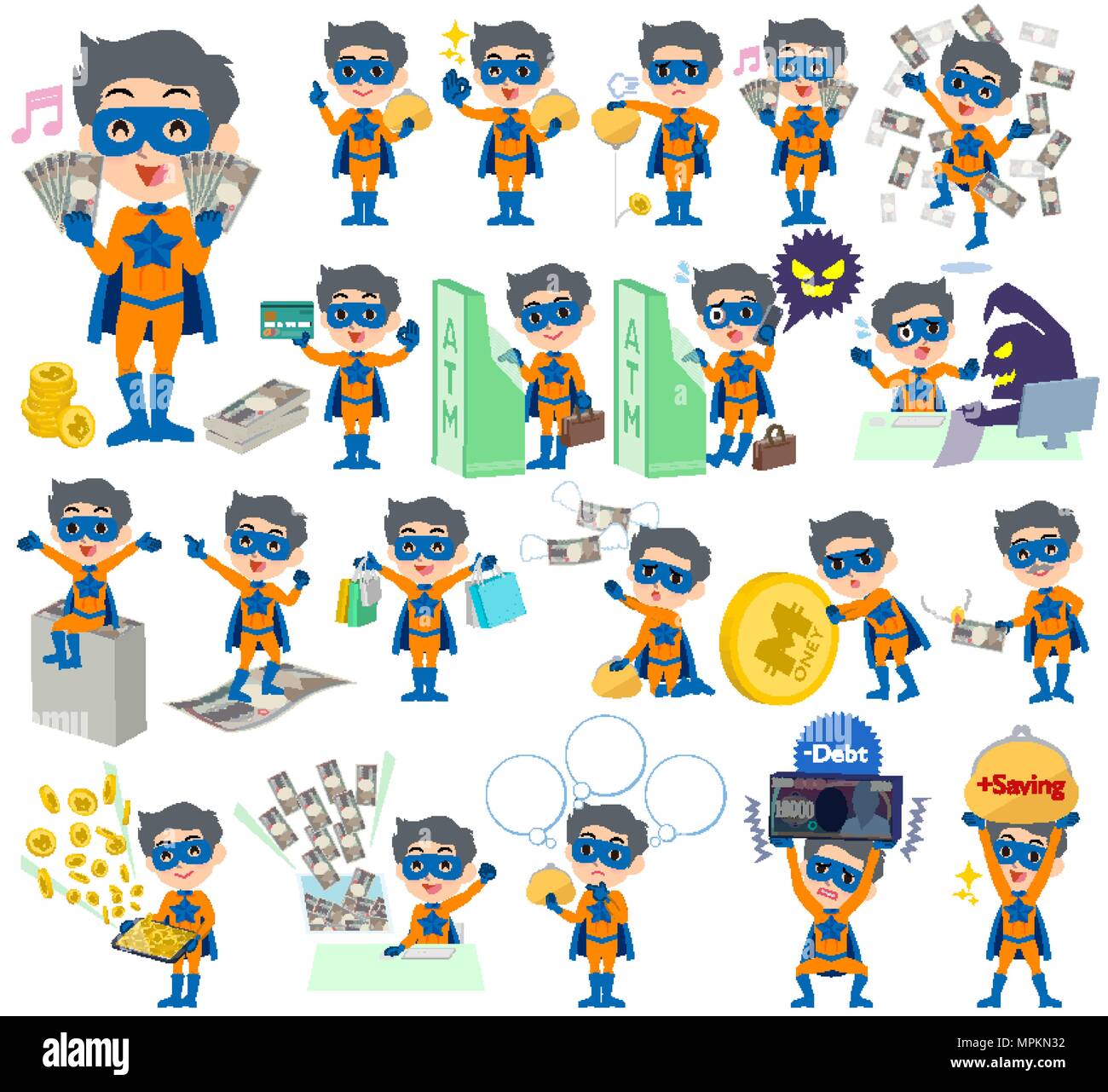 Set of various poses of super hero man orange Blue money Stock Vector ...