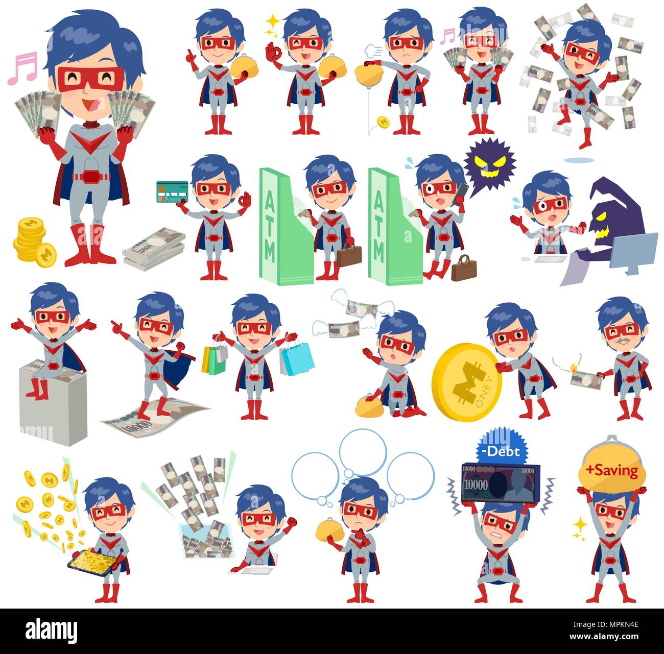 Set of various poses of super hero man red gray money Stock Vector ...