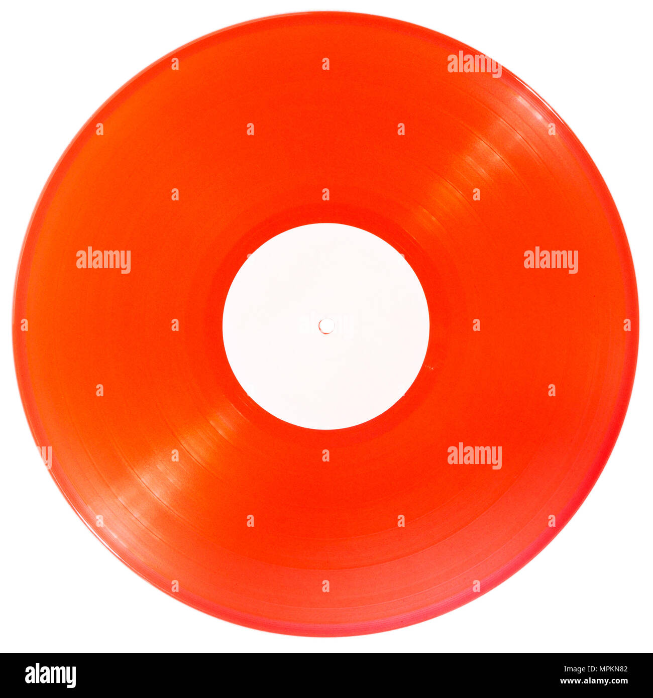 Red transparent vinyl record disc with white paper label isolated on ...