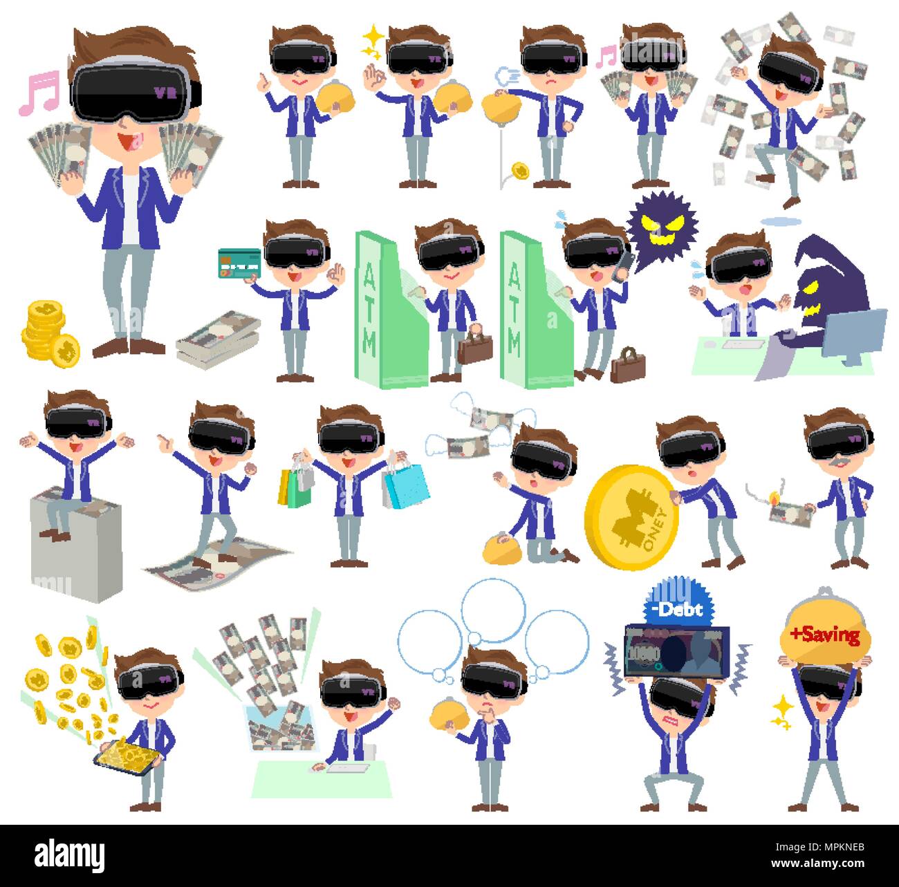 Set of various poses of virtual reality goggle men money Stock Vector ...