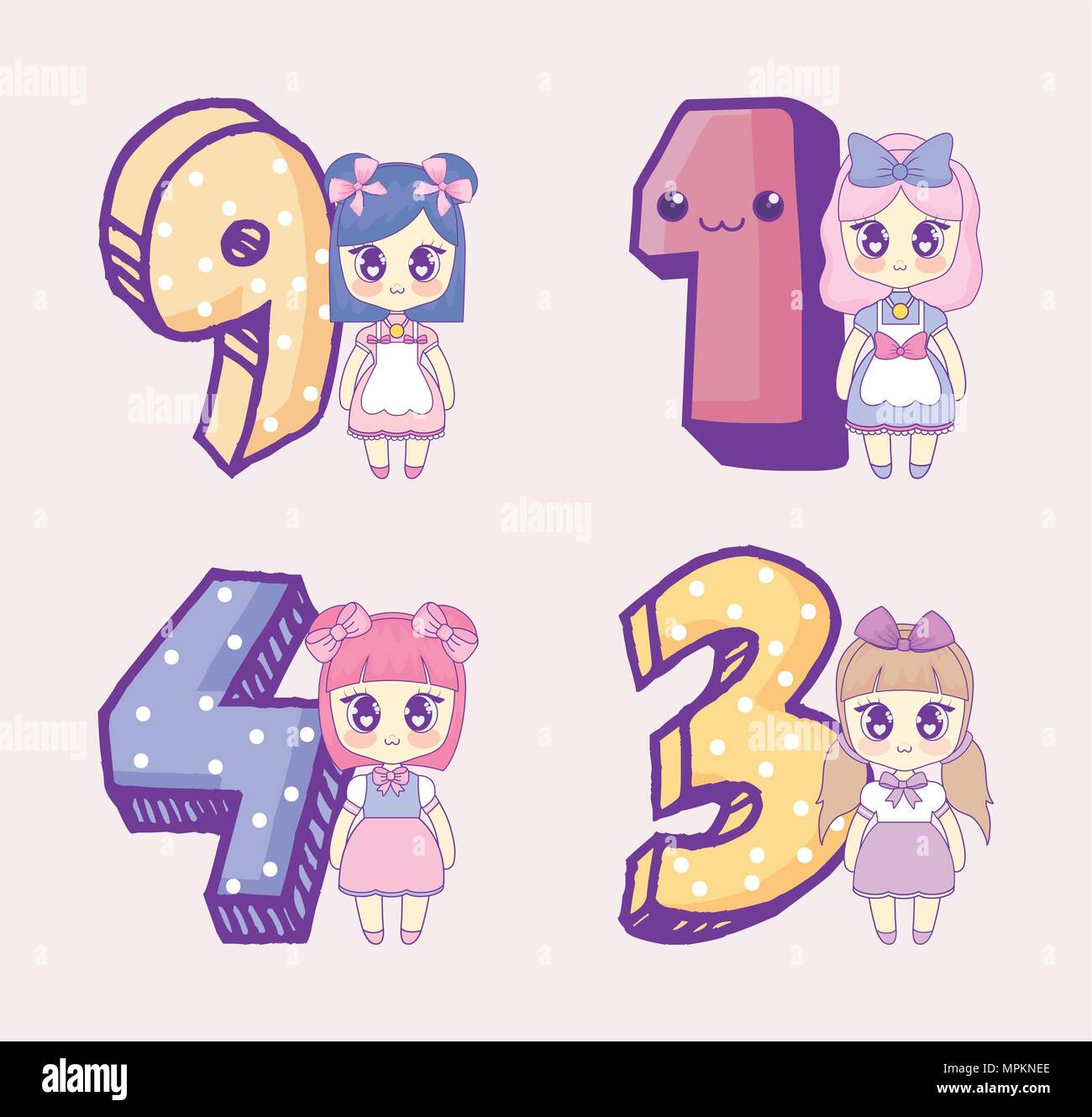 Icon set of kawaii anime girls and numbers over pink background ...