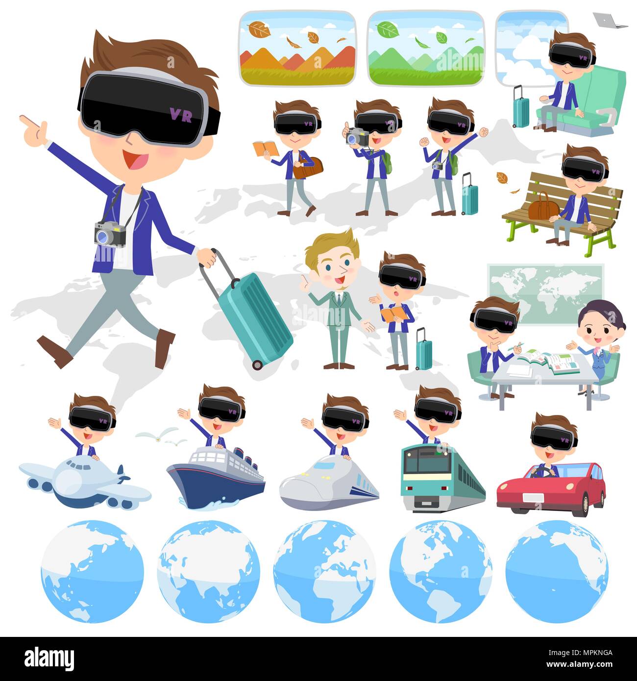 Set of various poses of virtual reality goggle men travel Stock Vector ...