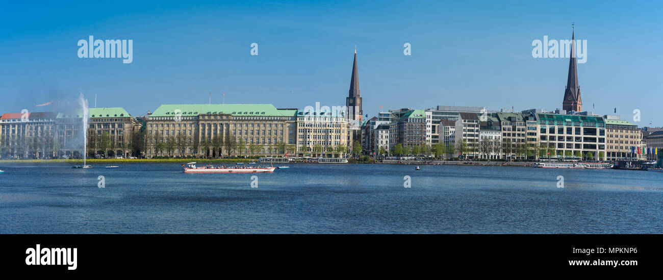 Beautiful panoramic view Alster lake with fountain Stock Photo - Alamy