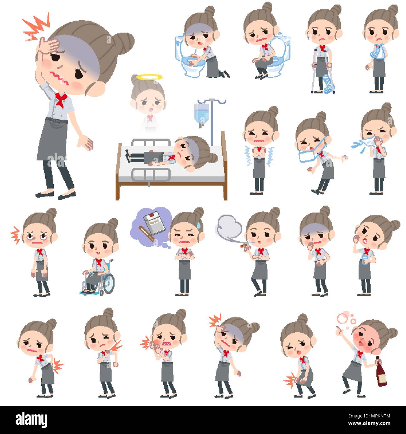 Set of various poses of Western cuisine cook women sickness Stock ...