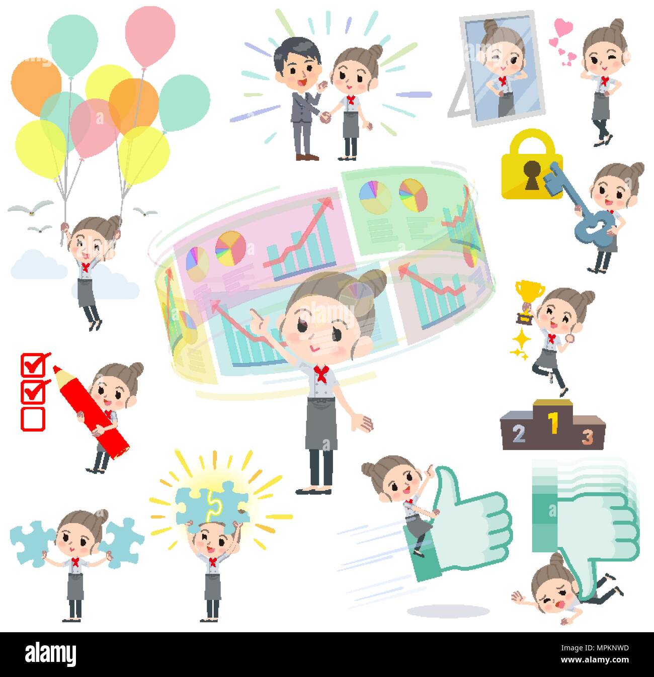 Set of various poses of Western cuisine cook women success & positive ...