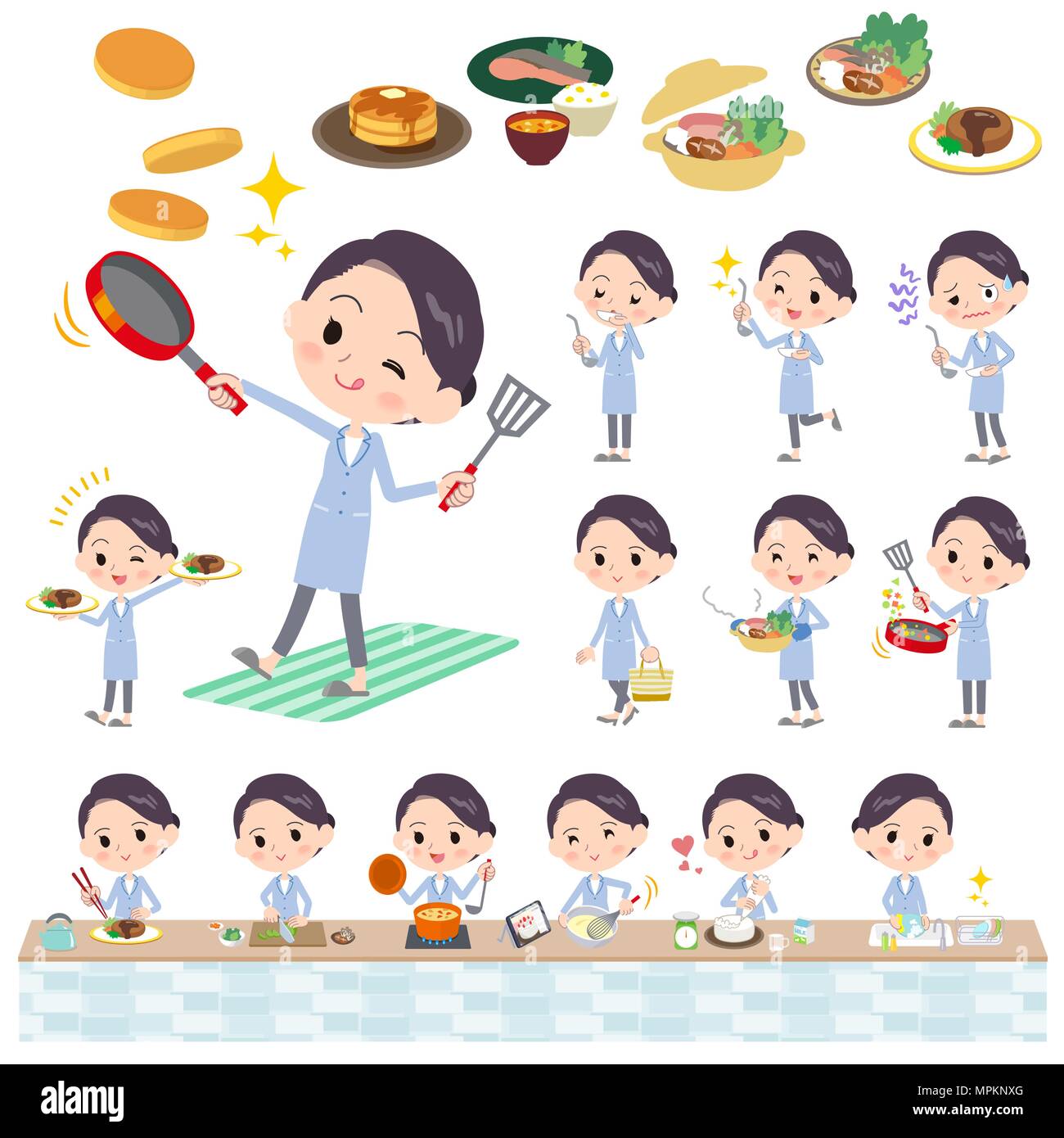 Set of various poses of White coat women cooking Stock Vector Image ...