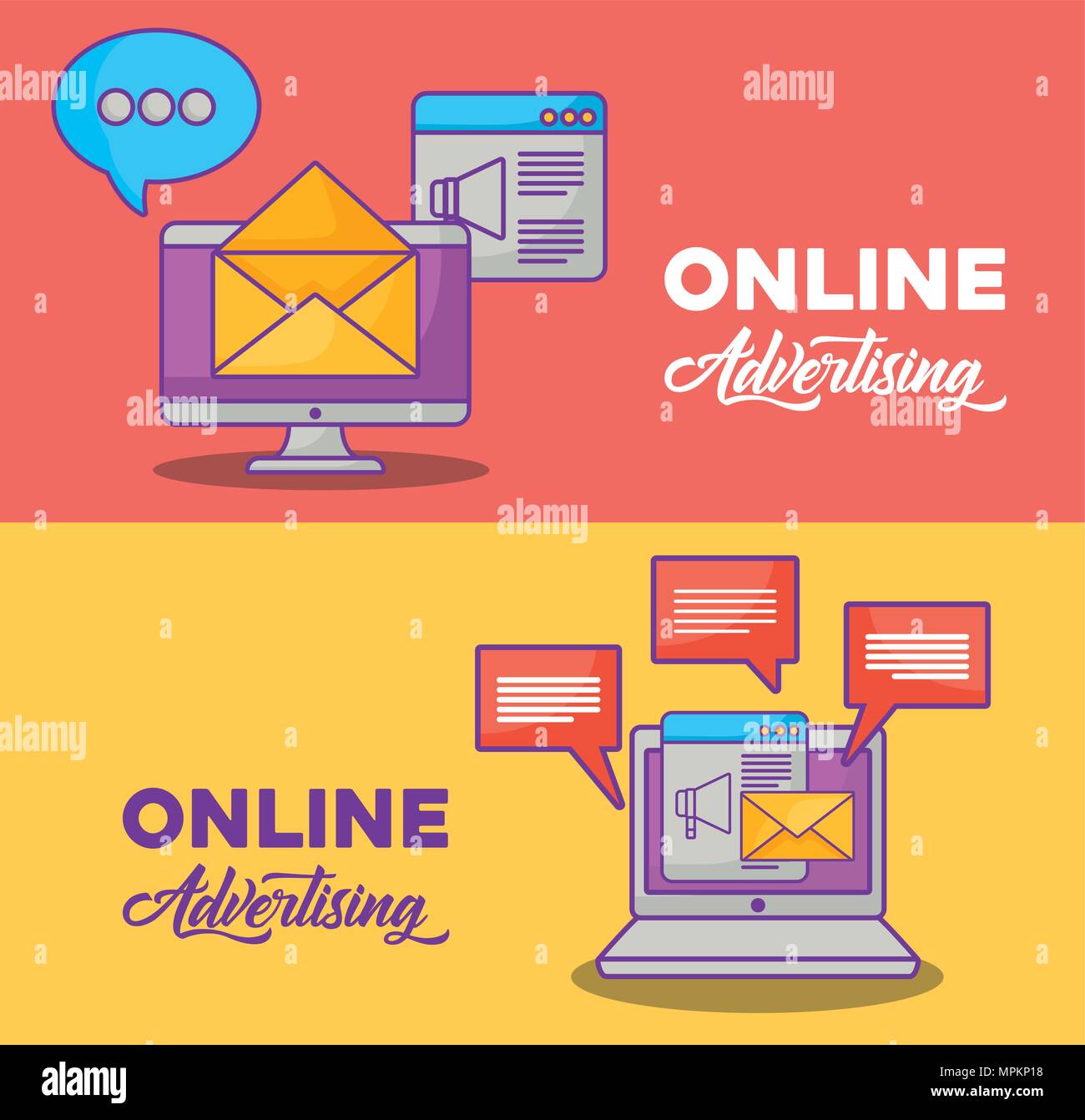 online advertising design with computer and related icons over colorful ...