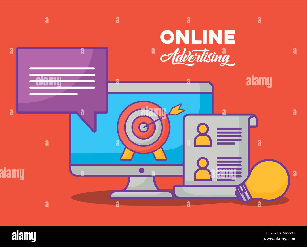 online advertising design with computer and related icons over orange ...