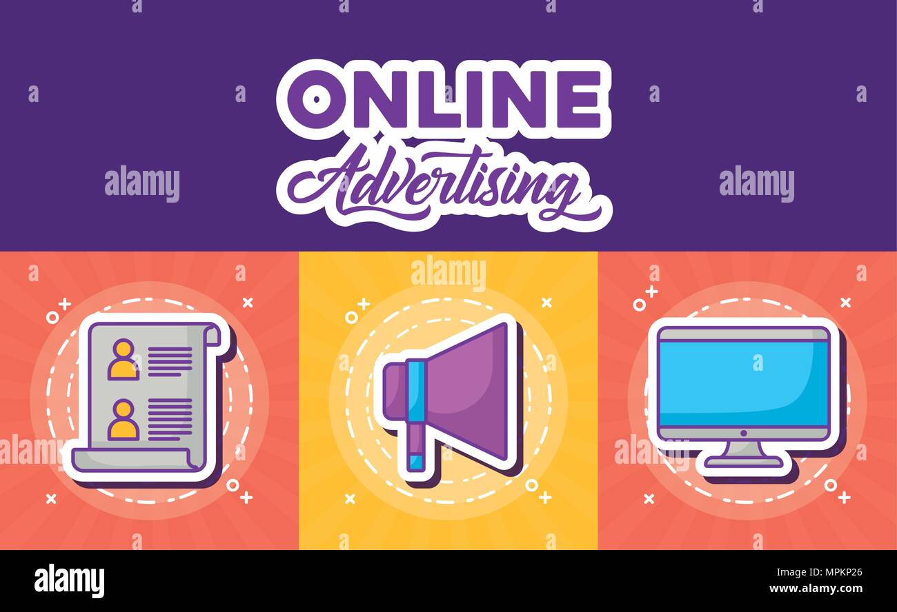 Online advertising design with related icons over colorful squares ...