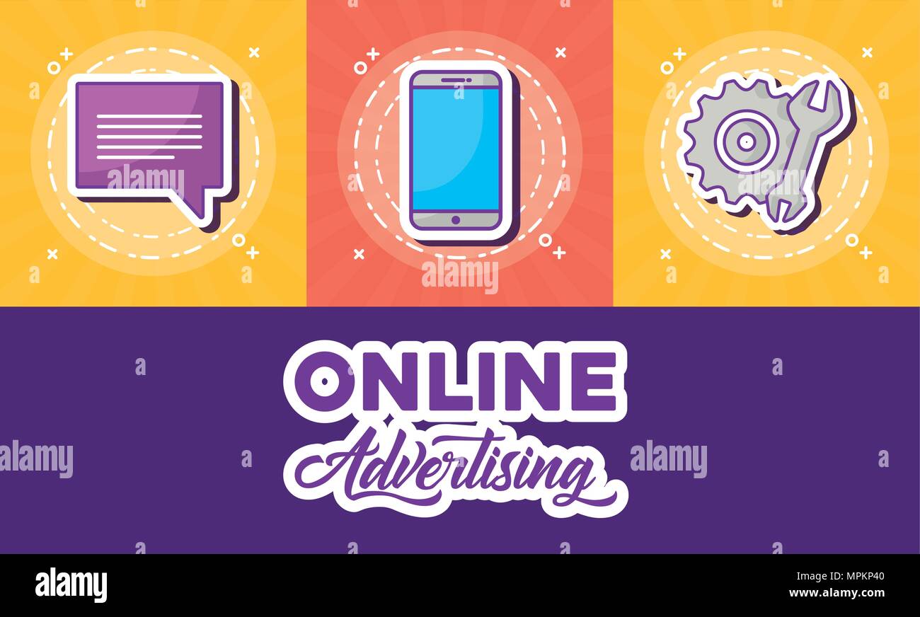 Online advertising design with related icons over colorful squares ...