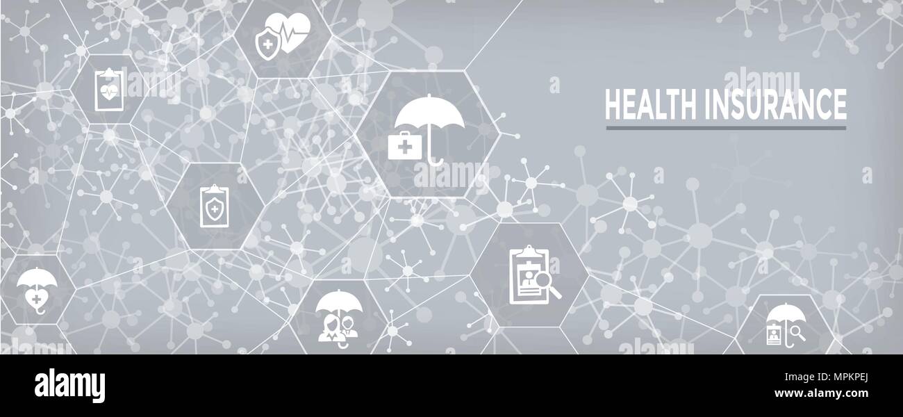 Health insurance Web Banner w Umbrella icon set with medical icons ...