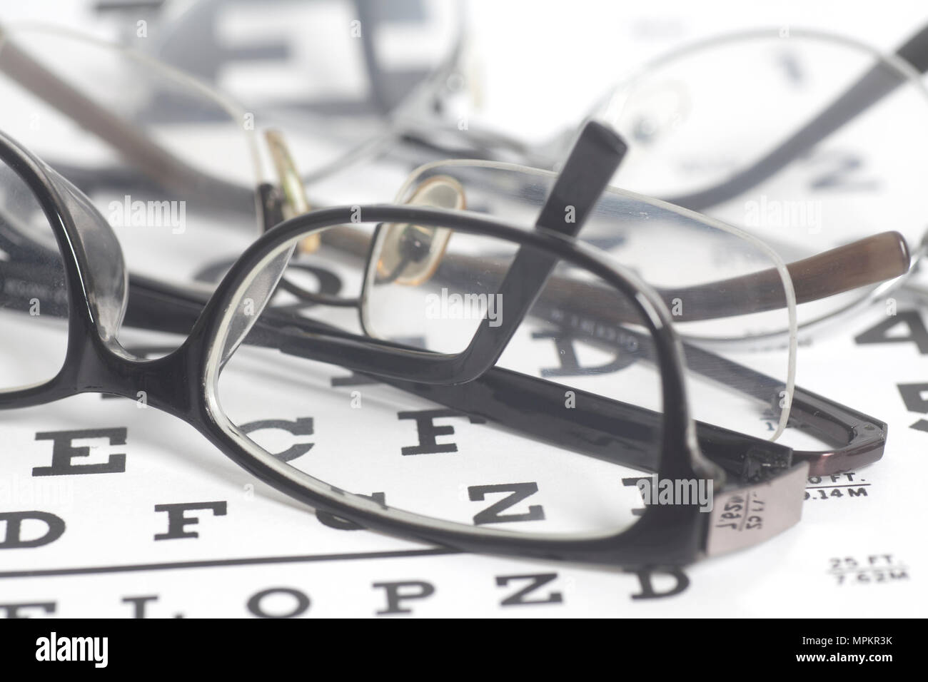 Eyeglasses on eyesight test chart background close-up Stock Photo - Alamy