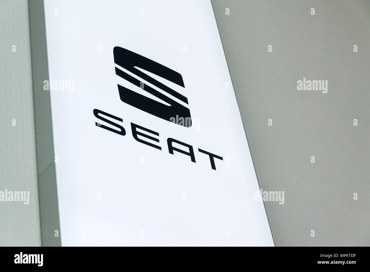 BERLIN, GERMANY - APRIL 15 2018: Seat company logo at Volkswagen Group ...