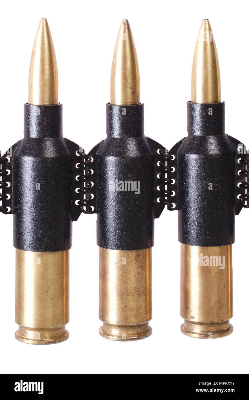 chain of 14.5 mm cartridges on white background Stock Photo - Alamy