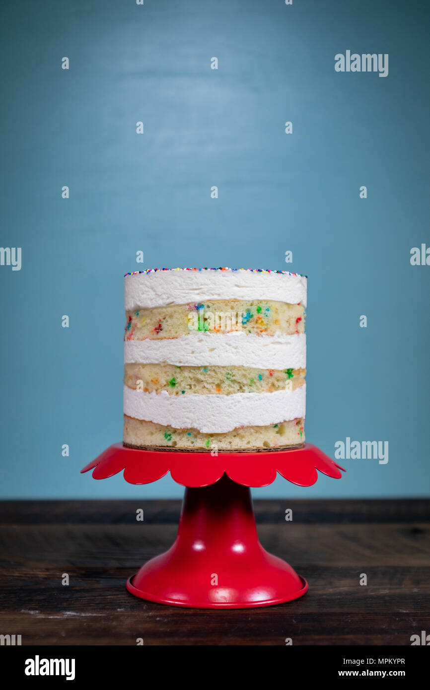 Funfetti Cake with Copy Space Above over blue background Stock Photo ...