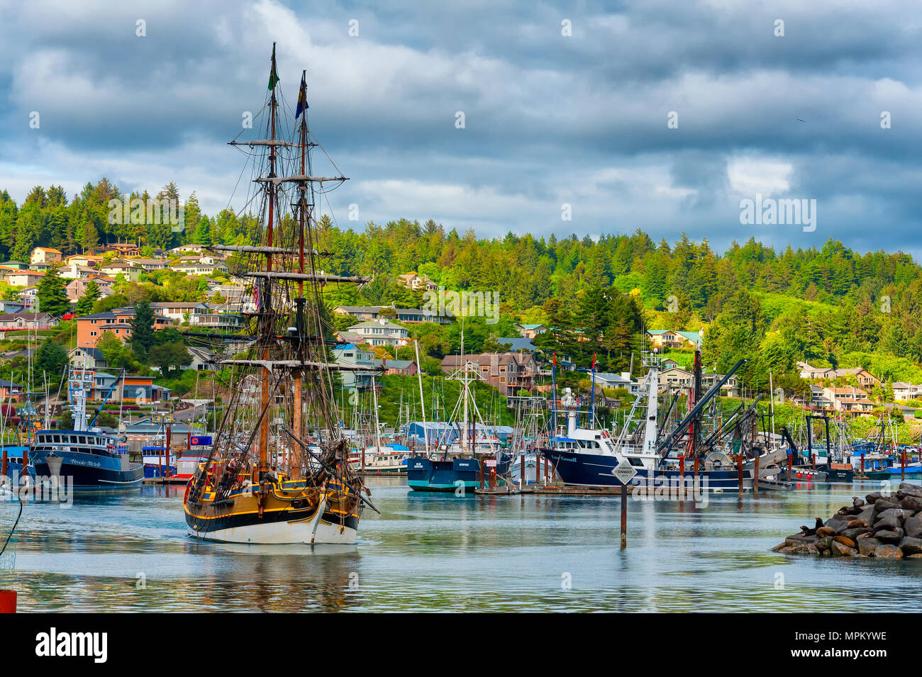Newport; Oregon; USA - May 25; 2016: Tall Ship Lady Washington leaving ...