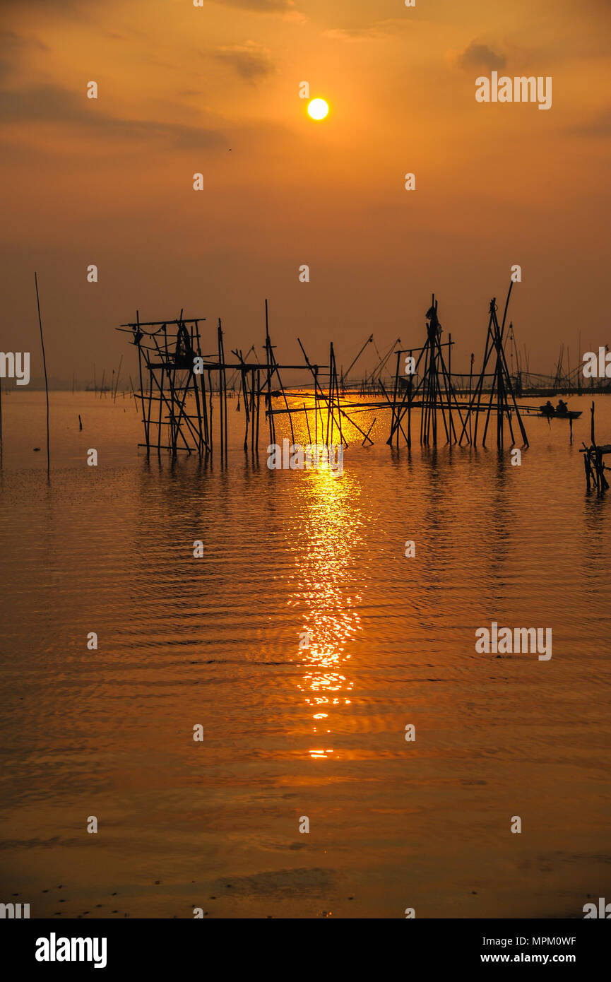 Traditional bamboo and wooden fishing tools installed in rural swamp ...