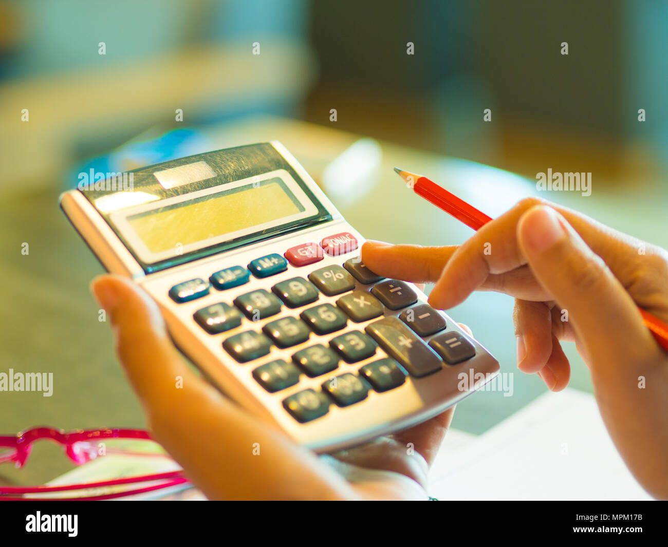 Businesswoman hands pressing calculator work hi-res stock photography ...