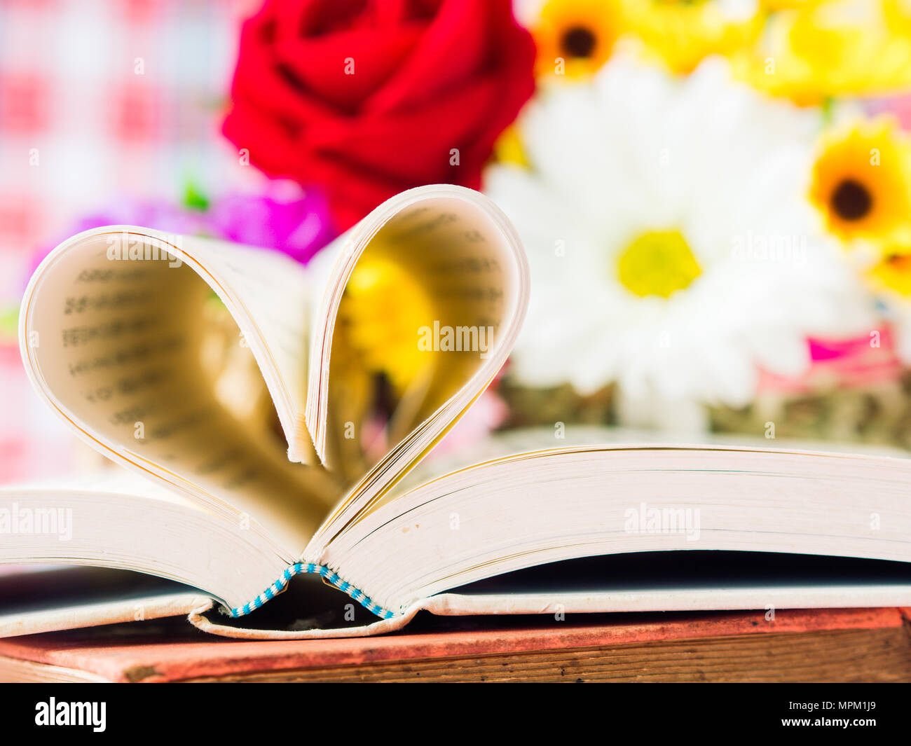 opened book and pages forming heart shape with flower in backgroung ...