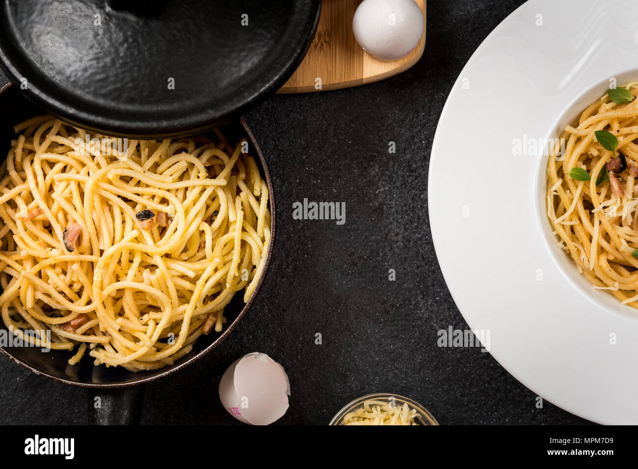 Italian cuisine pasta spaghetti ala carbora with egg, cheese parmasan ...