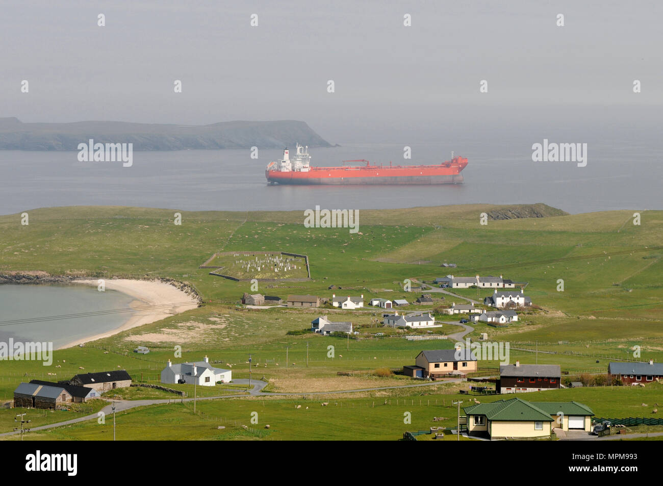 Oil tanker anchored off Levenwick Shetland coast, illustrating maritime ...