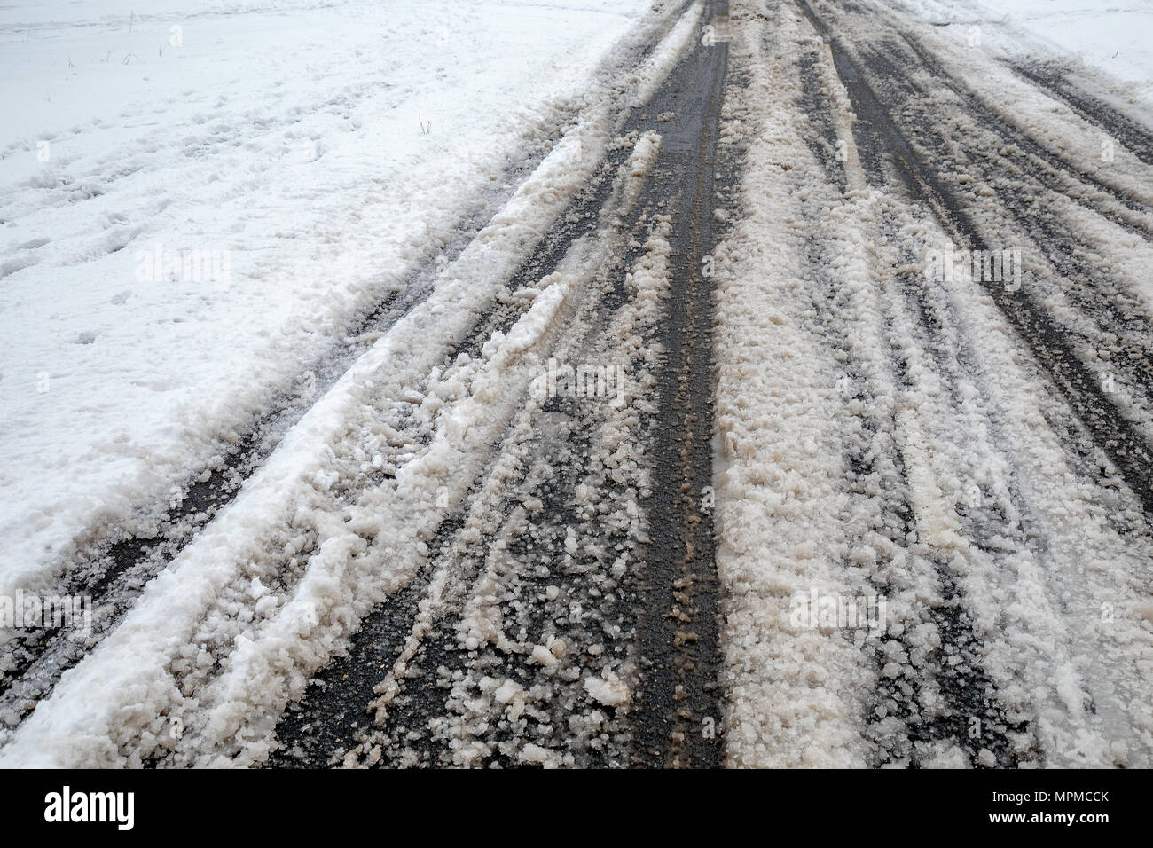 Snow on road in winter with traces of car tires Stock Photo - Alamy