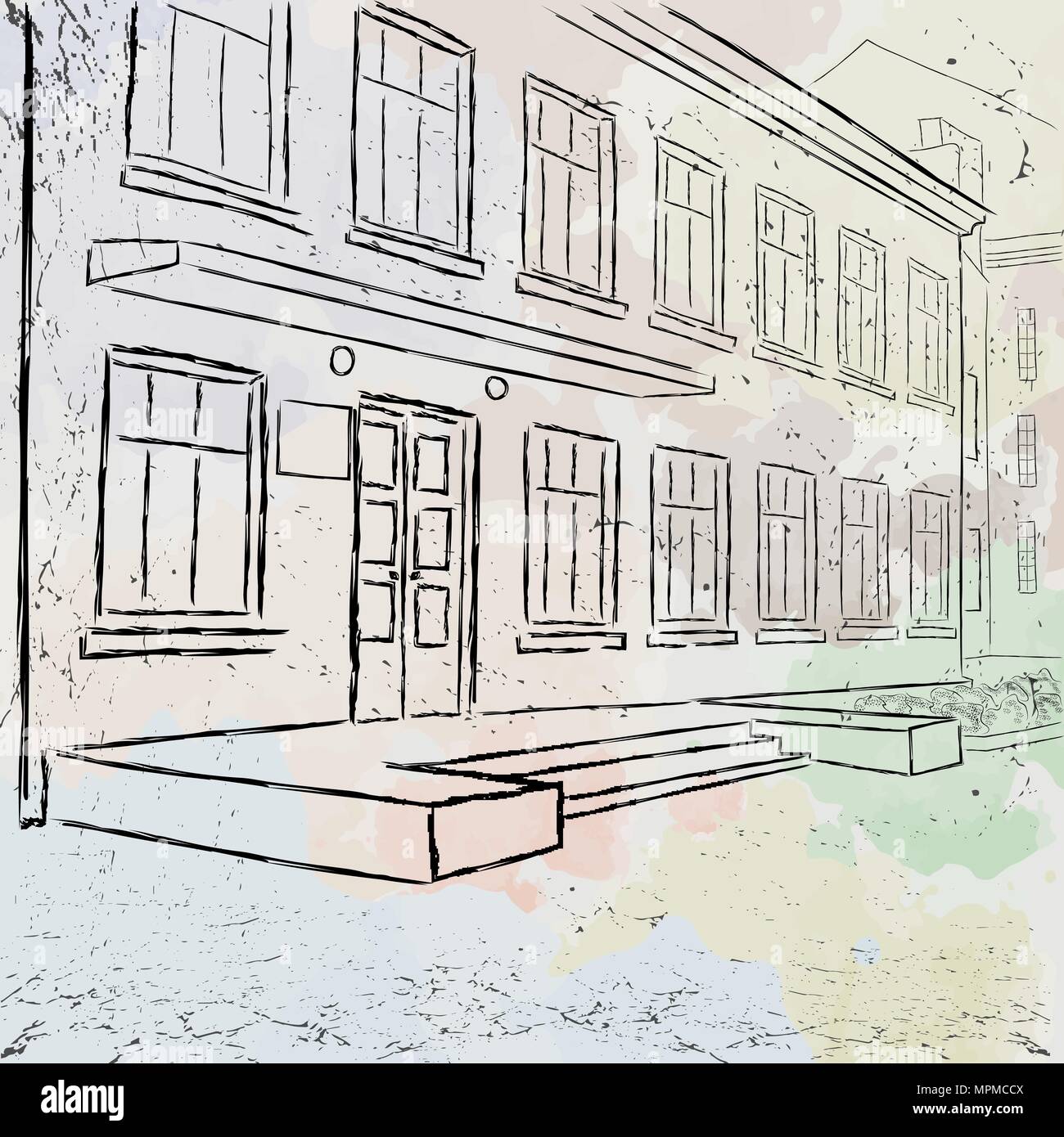 the vector sketch of a municipal building painted with watercolors ...