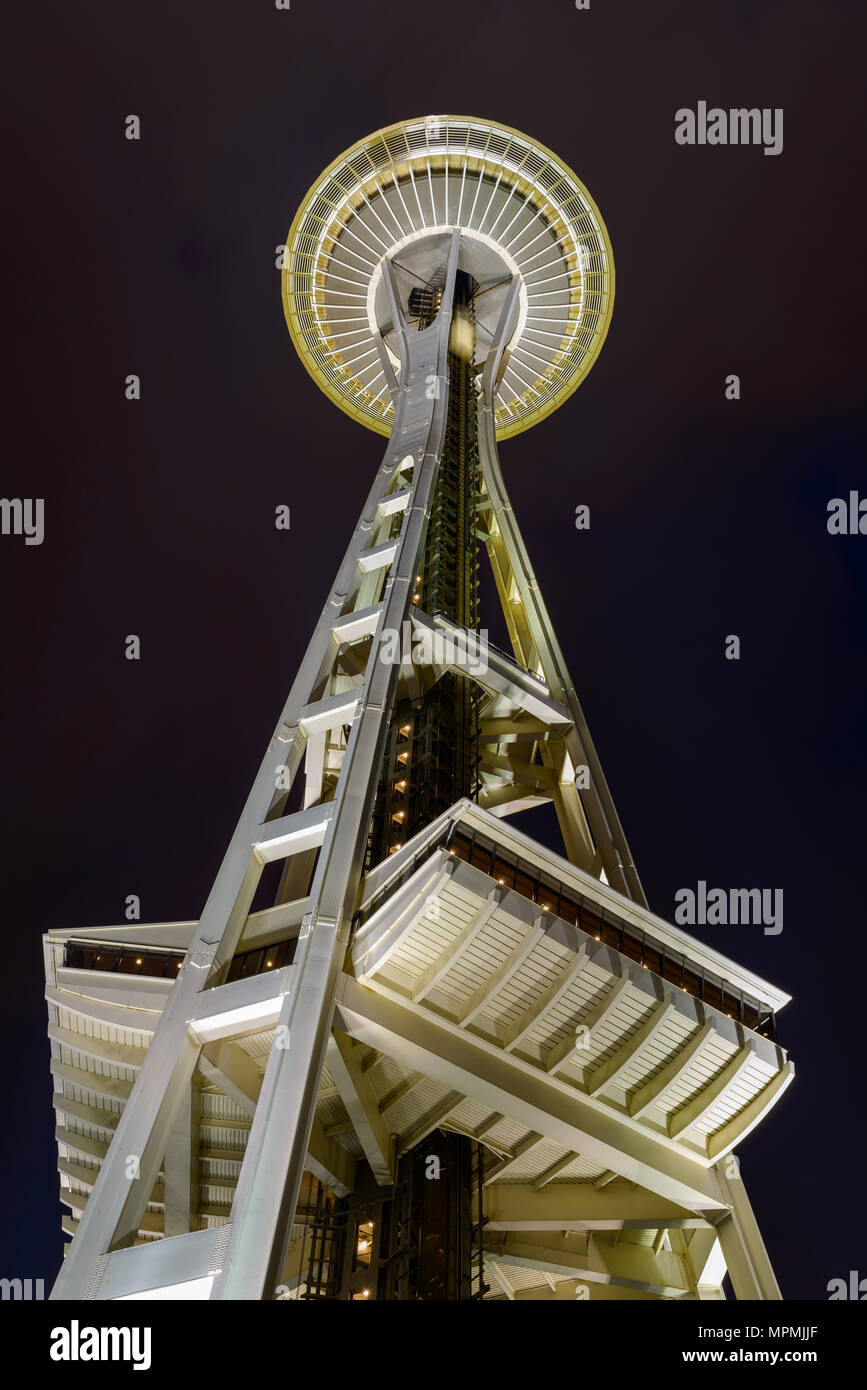 Night View of Space Needle - A low-angle night view of Seattle Landmark ...