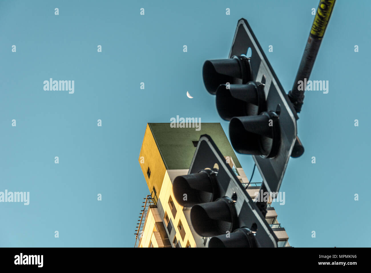 Traffic lights, building and the moon in Sao Paulo, Brazil Stock Photo ...