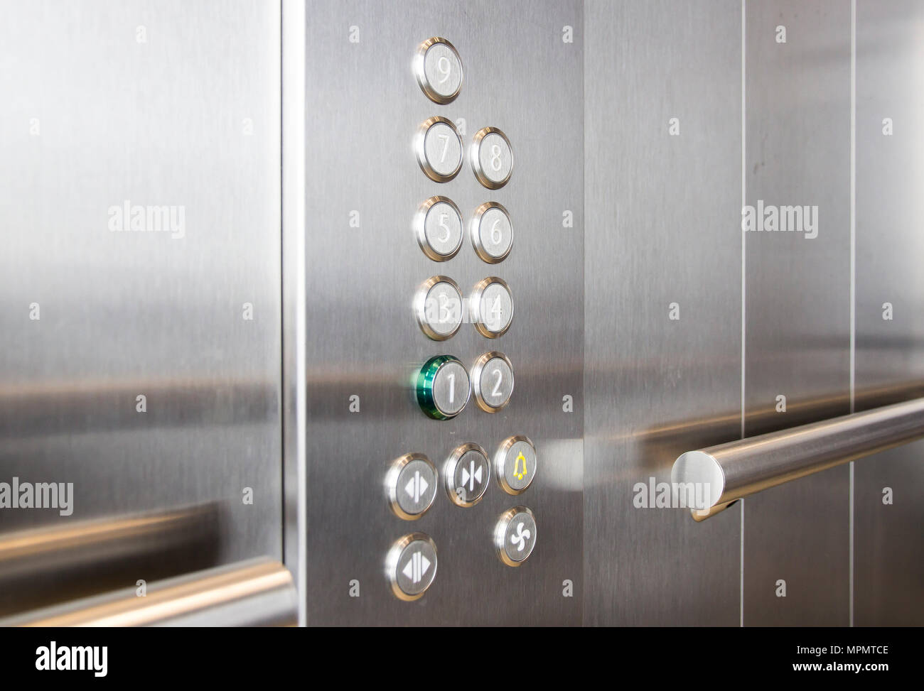 Inside elevator buttons and handrails Stock Photo - Alamy