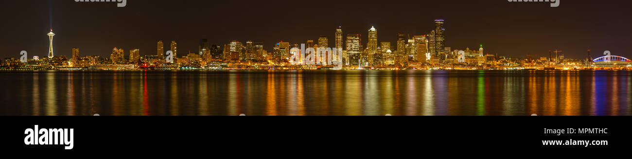 Night Full View of Seattle Downtown Skyline - A panoramic night view of ...