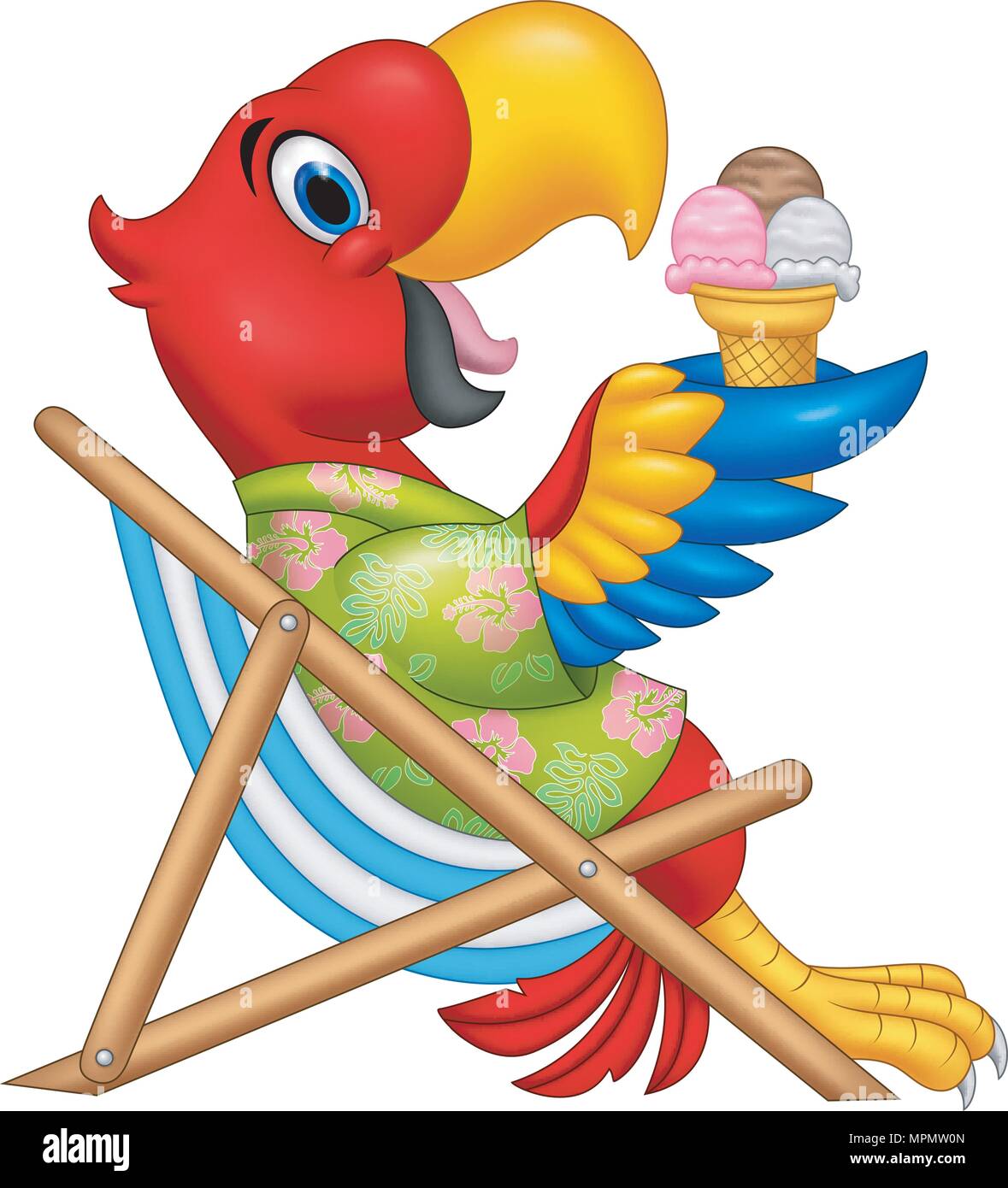 Cartoon macaw sitting on beach chair and eating an ice cream Stock ...