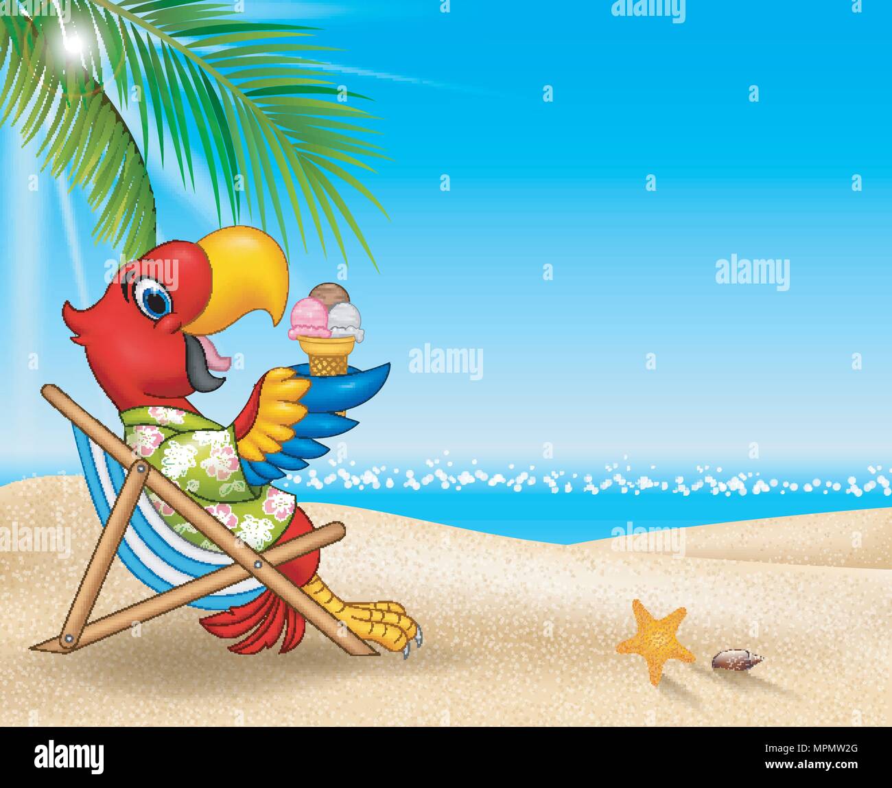 Cartoon macaw sitting on beach chair and eating an ice cream Stock ...