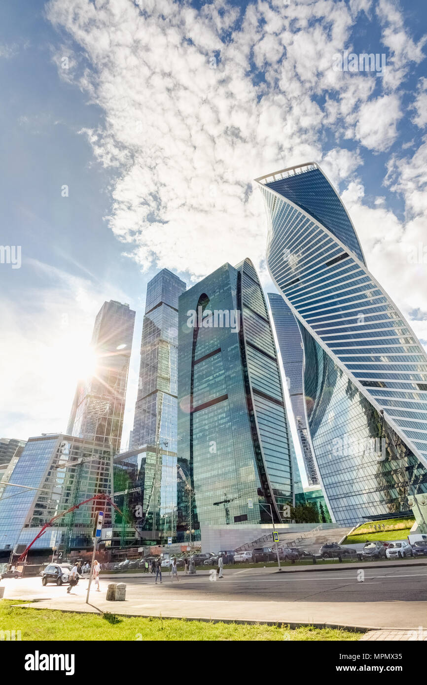 Moscow-city skyscrapers street cityscape at sunset against a blue sky ...