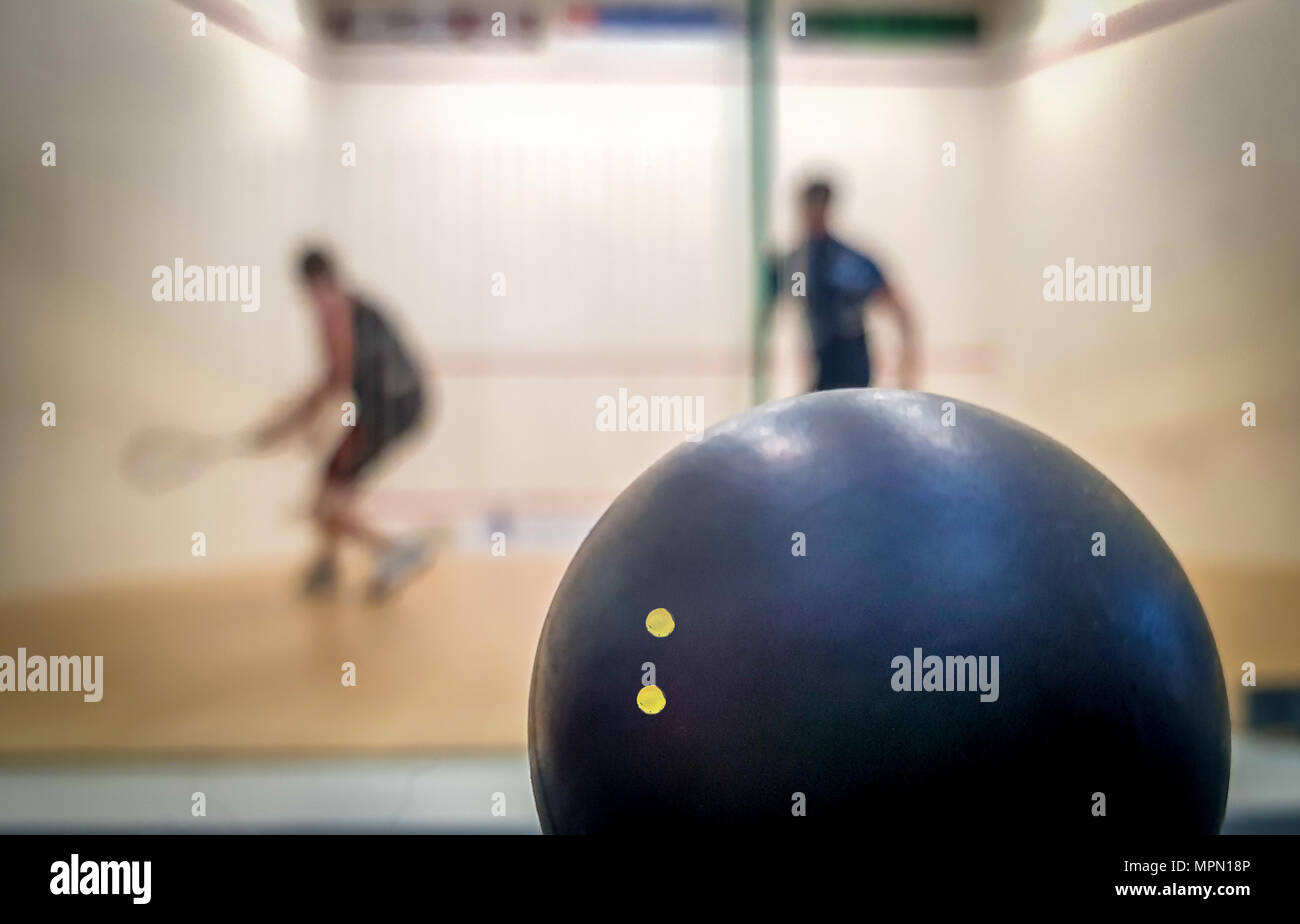 Double dot squash ball with two players in the background Stock Photo ...